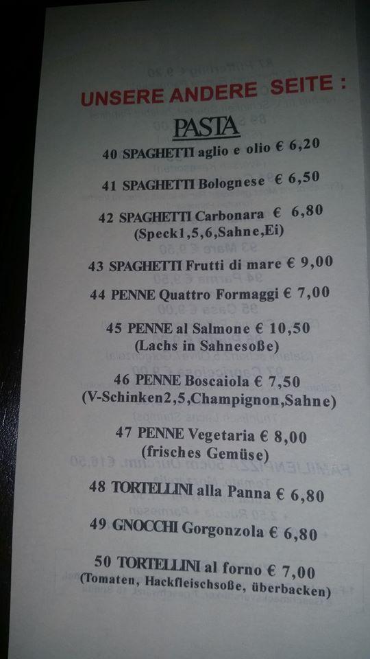 Menu at Pizzeria da Massimo, Germany