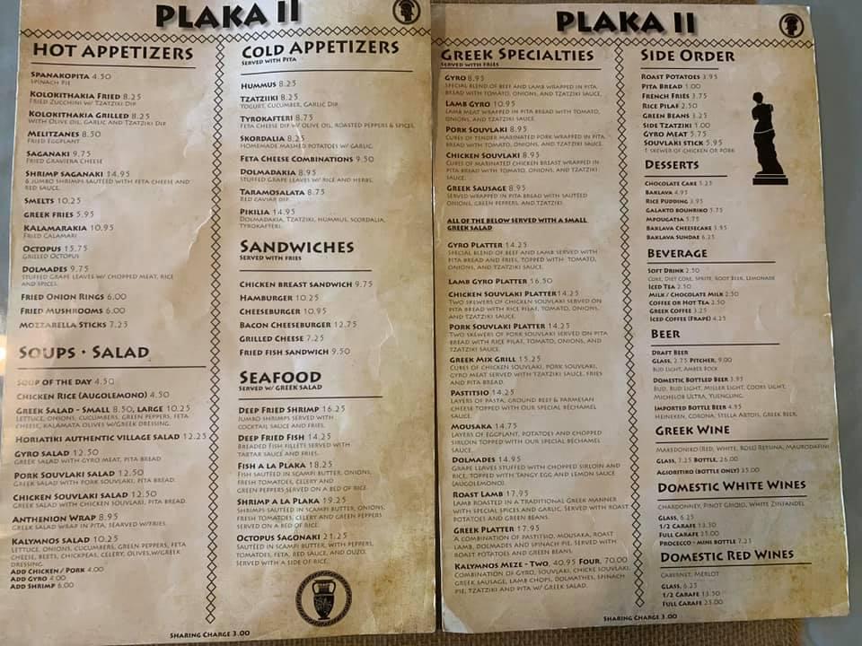 Menu at Plaka II Greek Family Restaurant, Fort Myers
