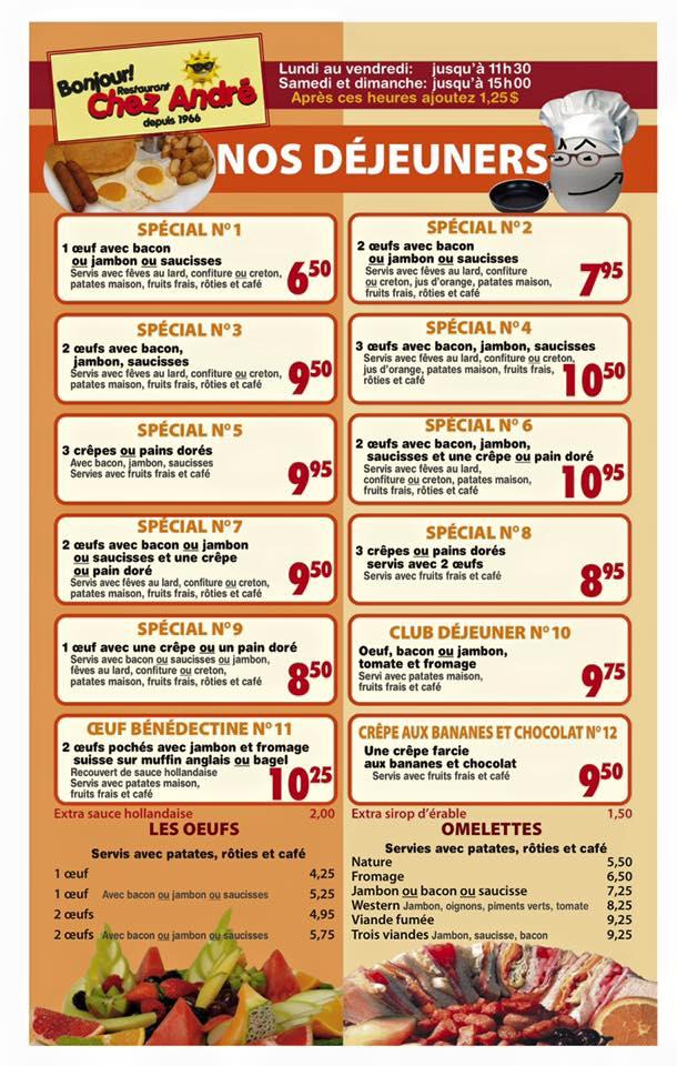 Menu au Restaurant Chez André, Longueuil