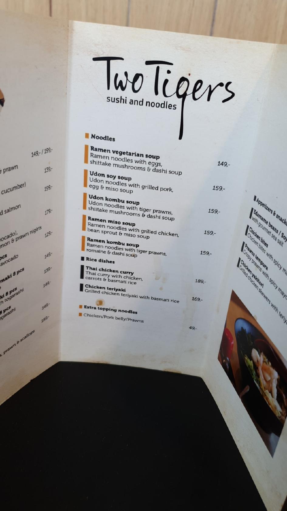 Menu at Two Tigers restaurant, Norway