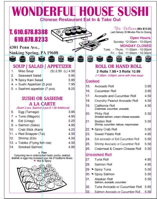 Menu at Wonderful house Chinese and sushi restaurant, Sinking Spring