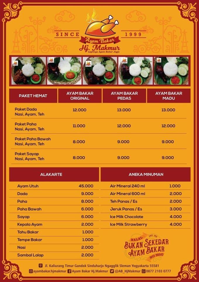 Menu at Ayam Bakar Hj Makmur restaurant, Yogyakarta