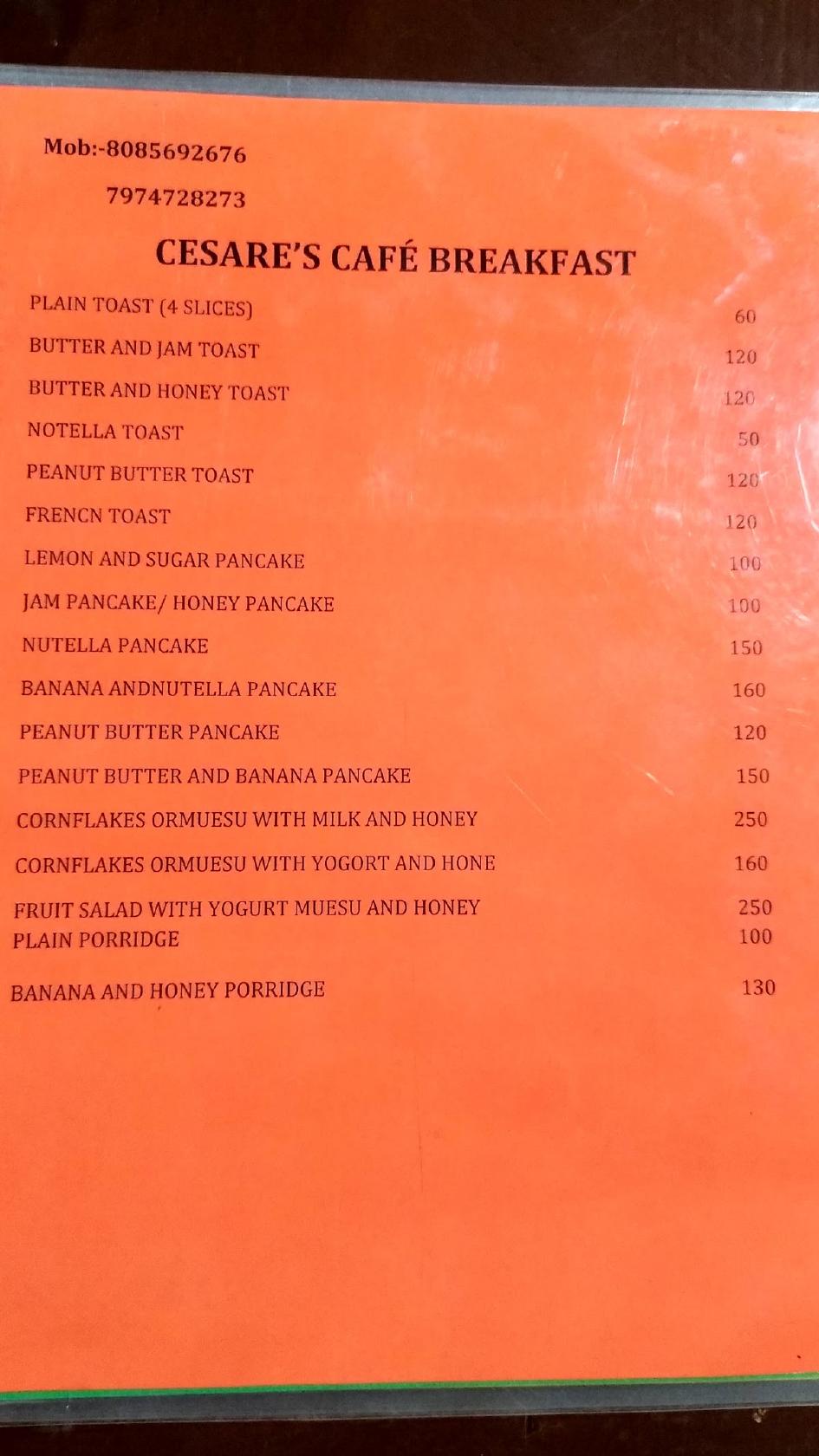 Menu at Cesare's Cafè, Canacona