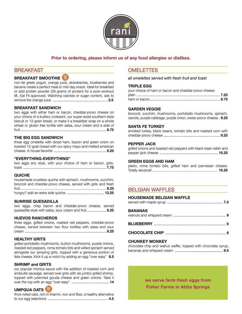 Menu at Coffee Rani restaurant, Mandeville, U.S. Hwy 190
