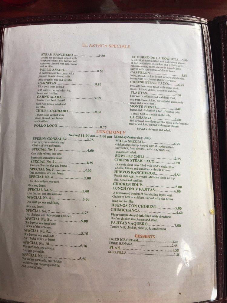 Menu at El Azteca restaurant, Commerce, 152 Dallas Dr