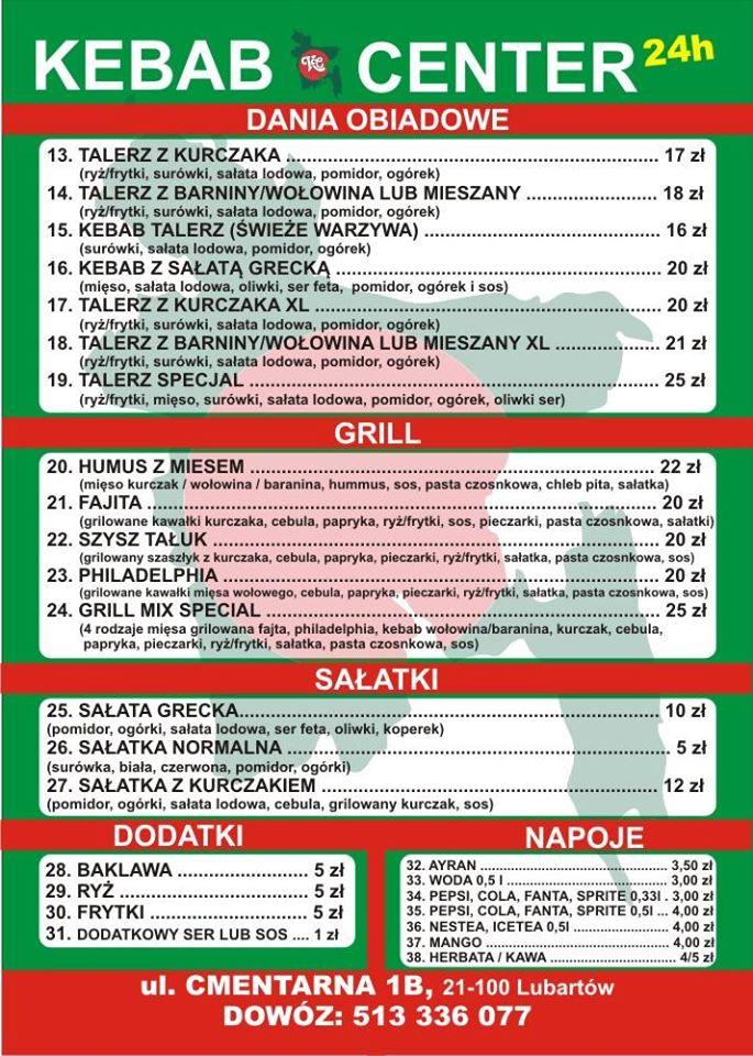Menu at Kebab Center lubartów, Lubartow