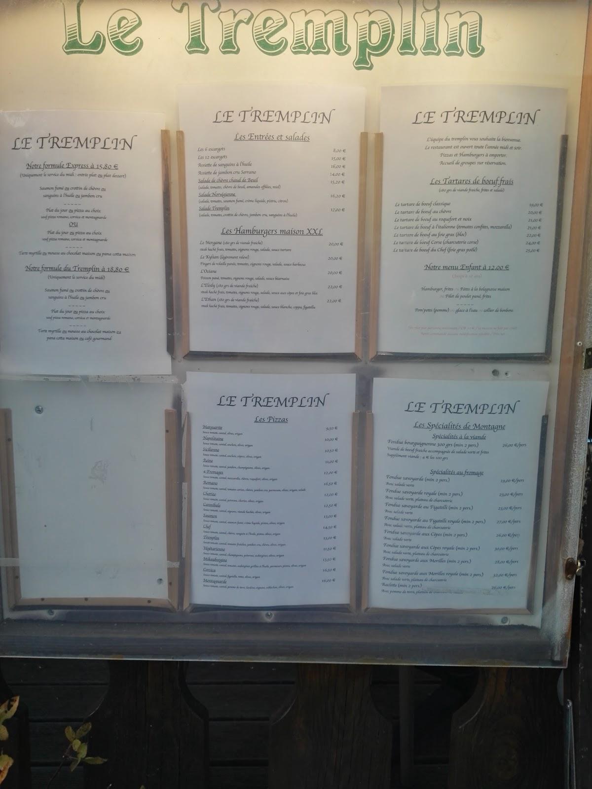 Menu at Le Tremplin pizzeria, Péone