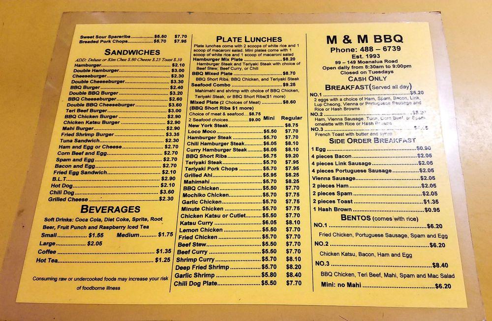 Menu at M & M BBQ, Aiea