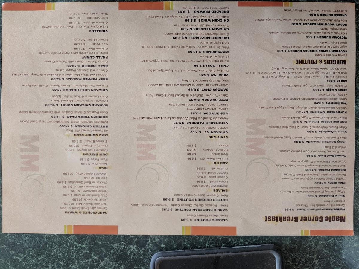 Menu at Madras Maple Cafe, Prince George