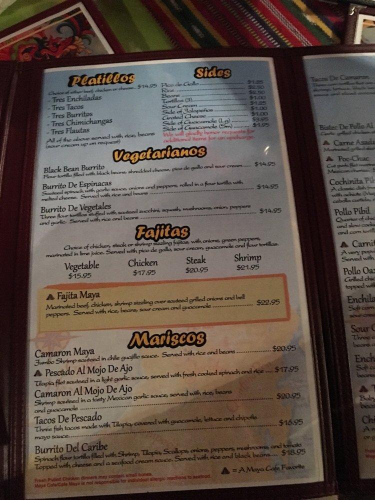 Menu at Maya Cafe, Fishkill
