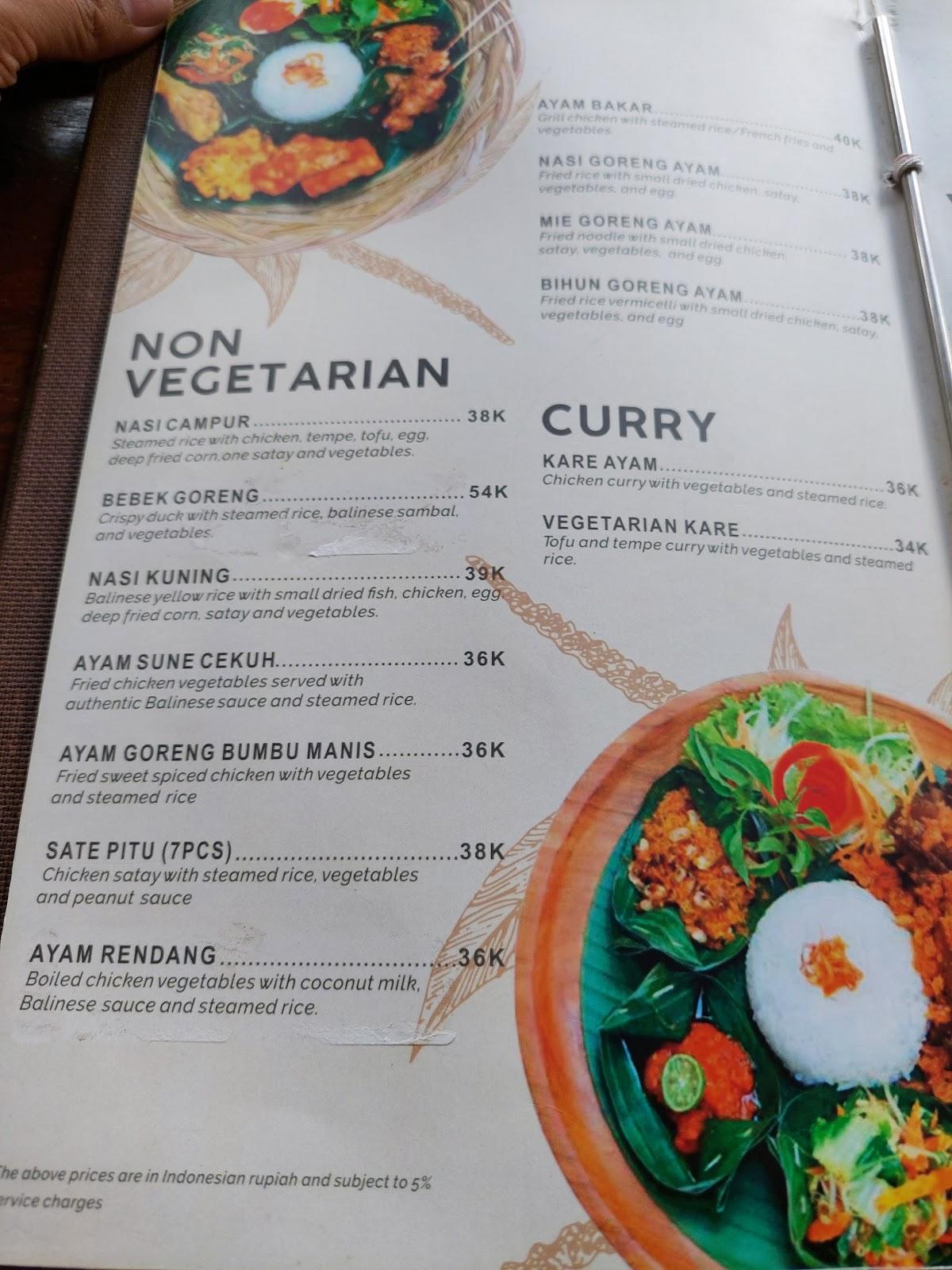 Menu at Sun Sun Warung restaurant, Ubud