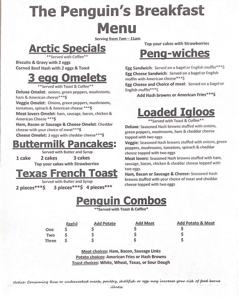 Menu at The Penguin Again pizzeria, Oconto Falls