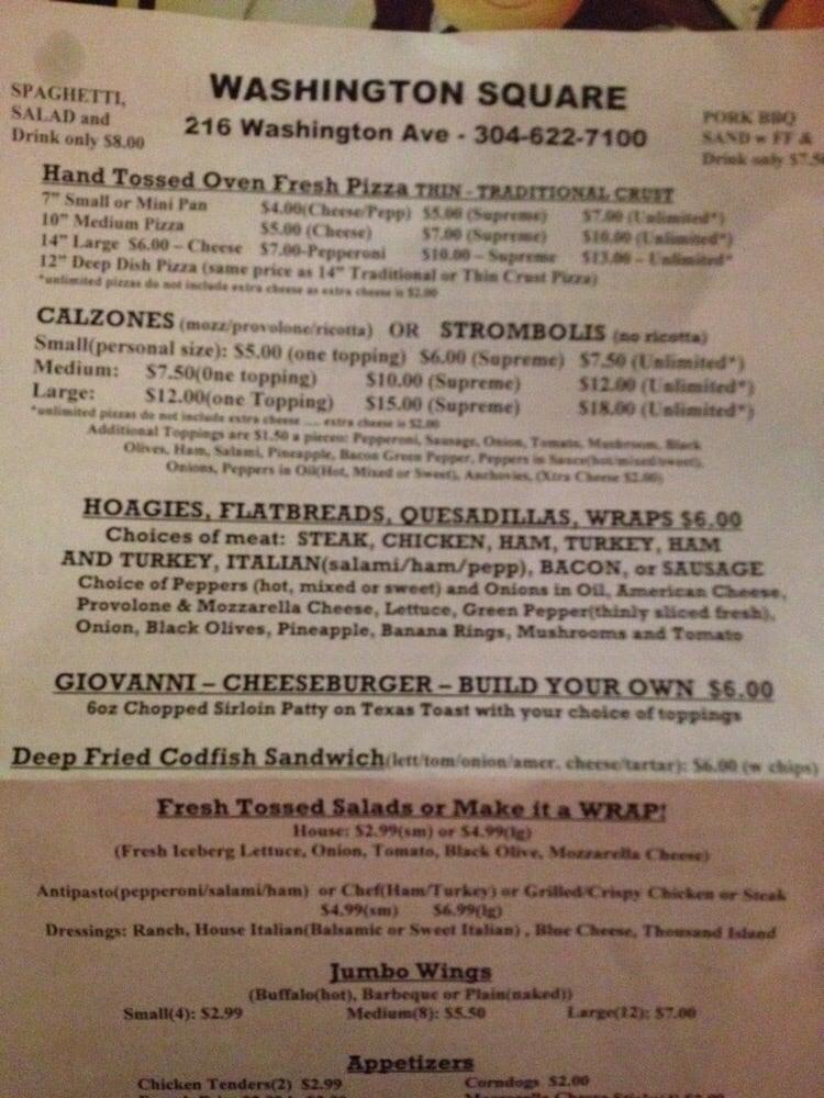 Menu at Washington Square Pizzeria and Lounge, Clarksburg