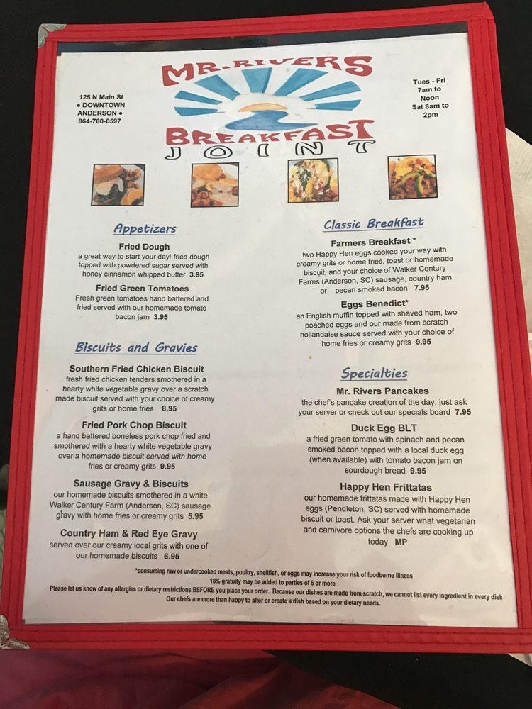 Menu at Mr. Rivers Breakfast Joint restaurant, Anderson