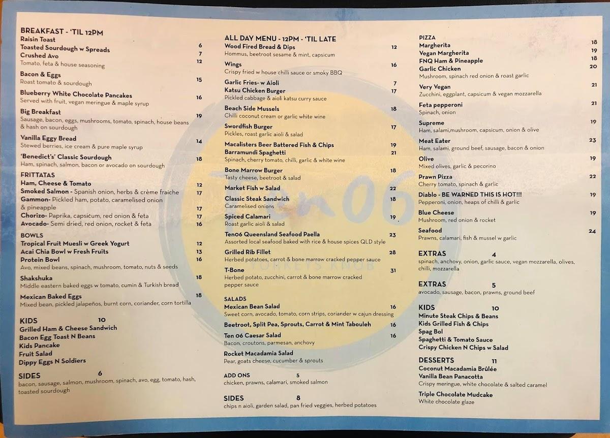 Menu at Ten 06 restaurant, Yorkeys Knob