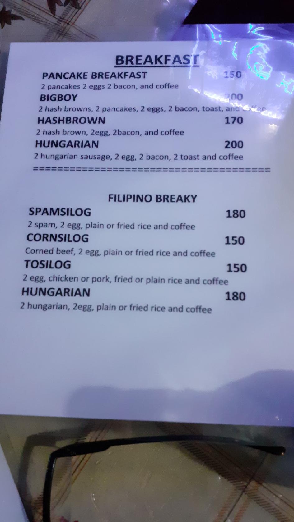 Menu at Wobbly Boot restaurant, Angeles