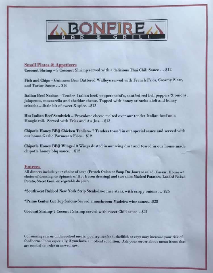 Menu at Bonfire at The Continental Fire Co. steakhouse, Houghton