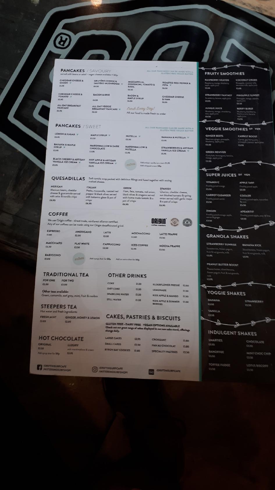 Menu at Drift-In Surf Cafe, East Wittering