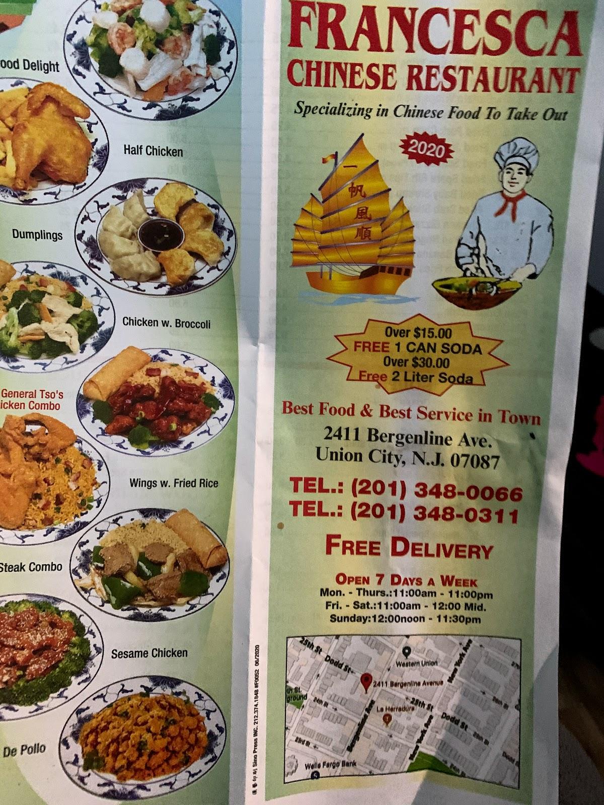 Menu at Francesca Chinese Restaurant, Union City