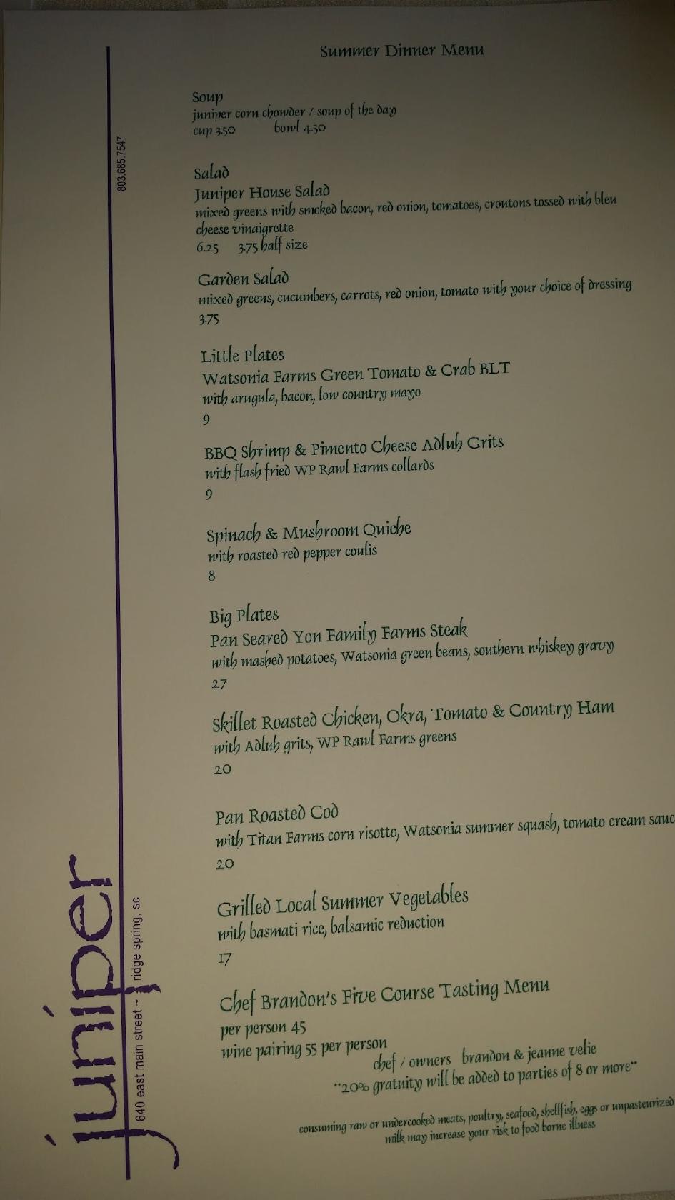 Menu at Juniper restaurant, Ridge Spring