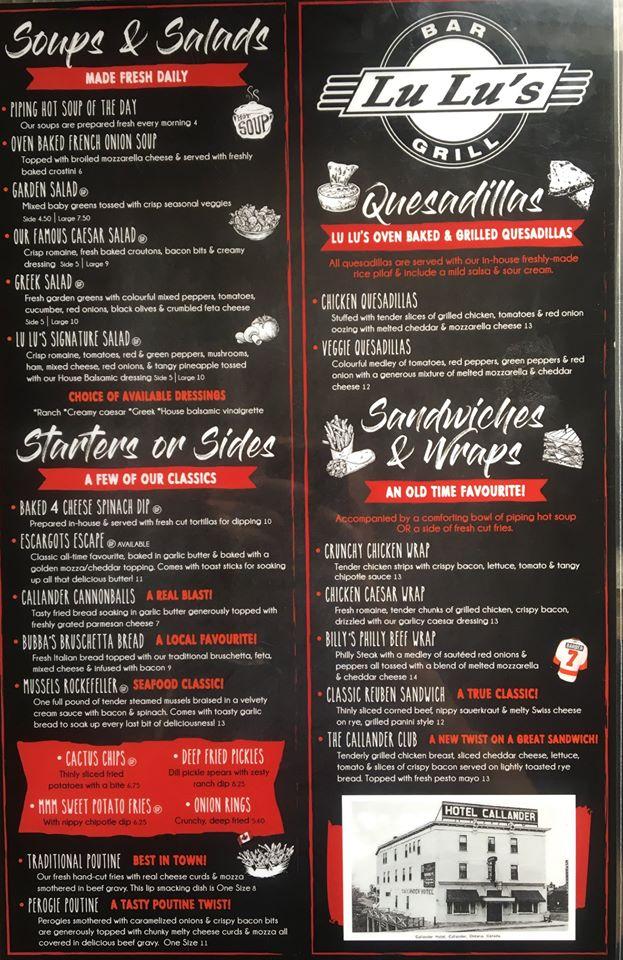 Menu at Lu Lu's Callander Bar and Grill, Canada