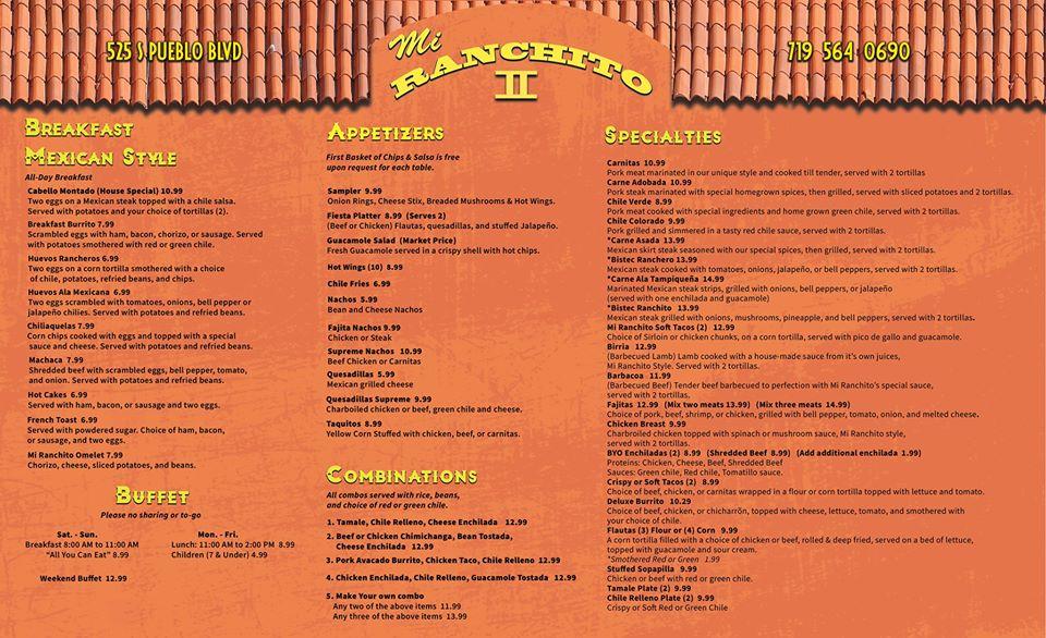 Menu at Mi Ranchito Restaurant 2, Pueblo, 525 S Pueblo Blvd