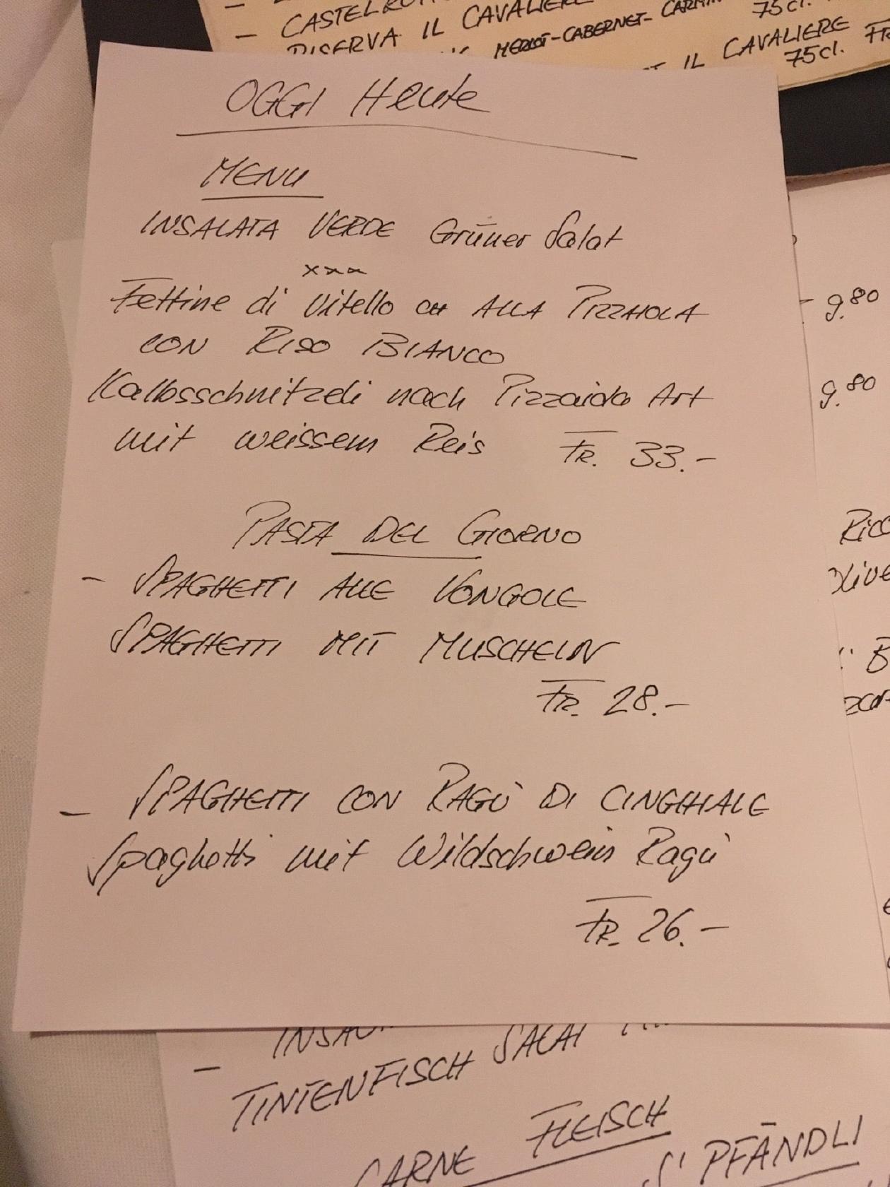 Menu da Osteria Borghese, Locarno