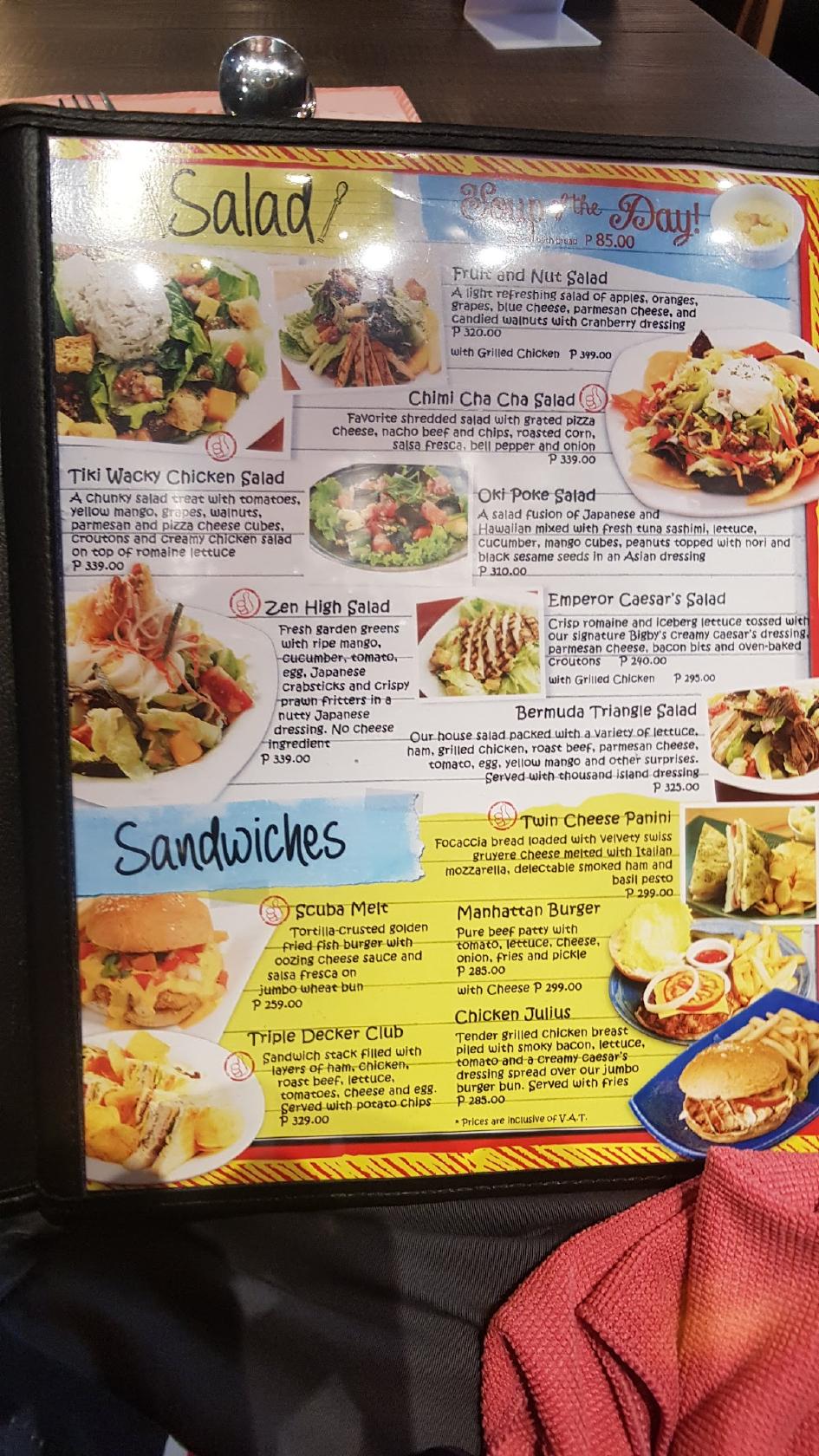 Menu at Bigby's restaurant, Iloilo City, Megaworld Blvd