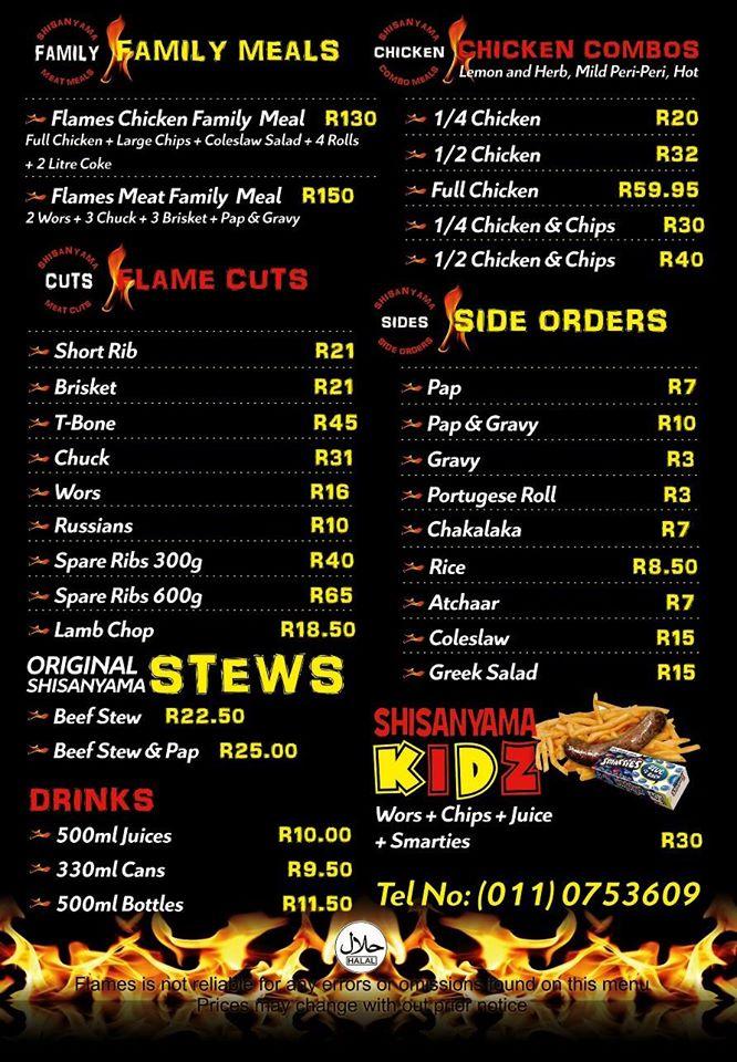 Menu at Flames Original Shisanyama restaurant, Johannesburg