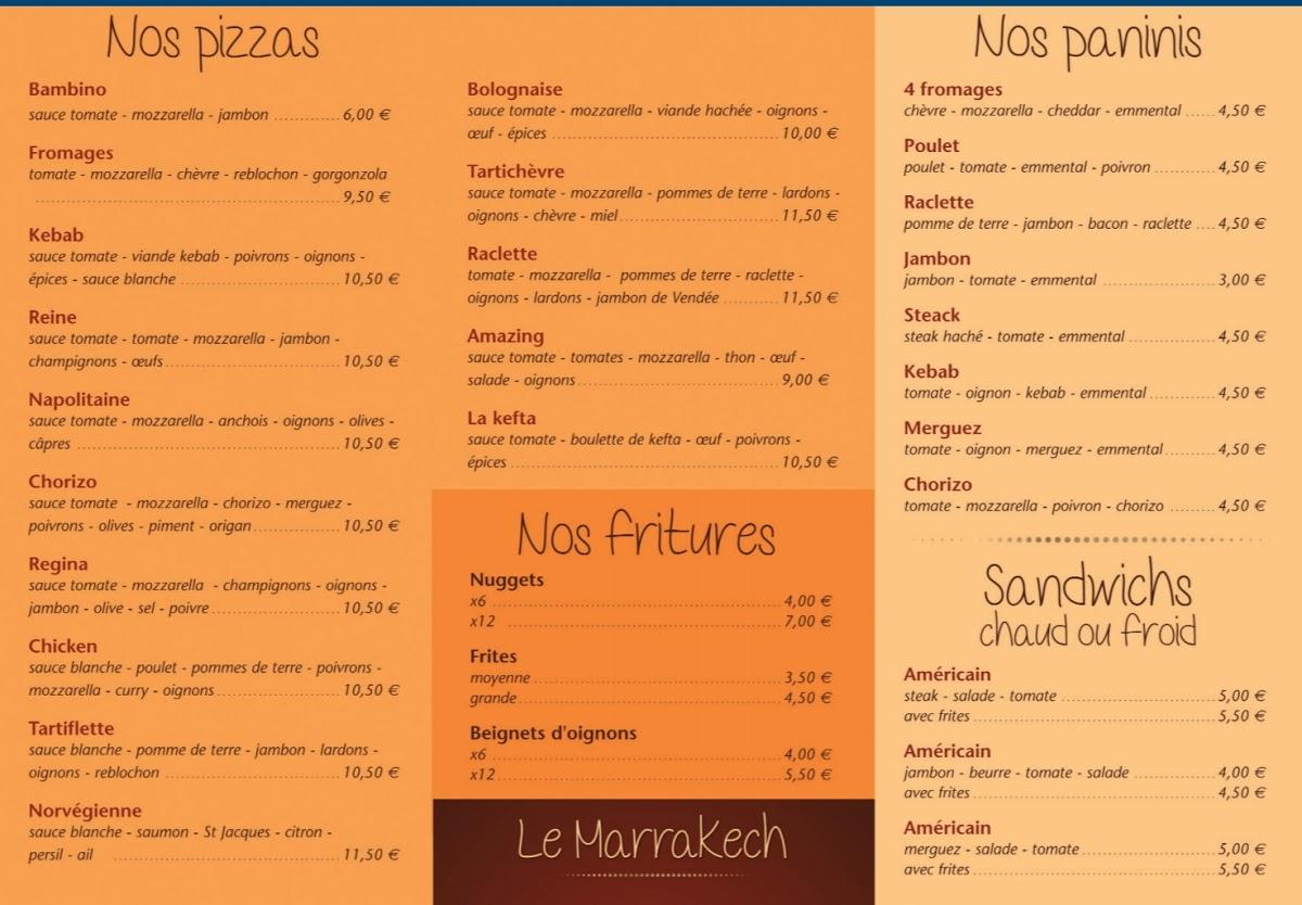 Menu at Le Marrakech restaurant, Maulévrier