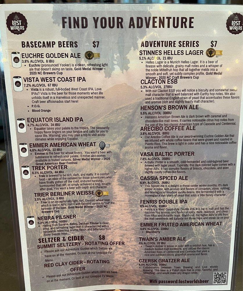 Menu at Lost Worlds Brewing, Cornelius