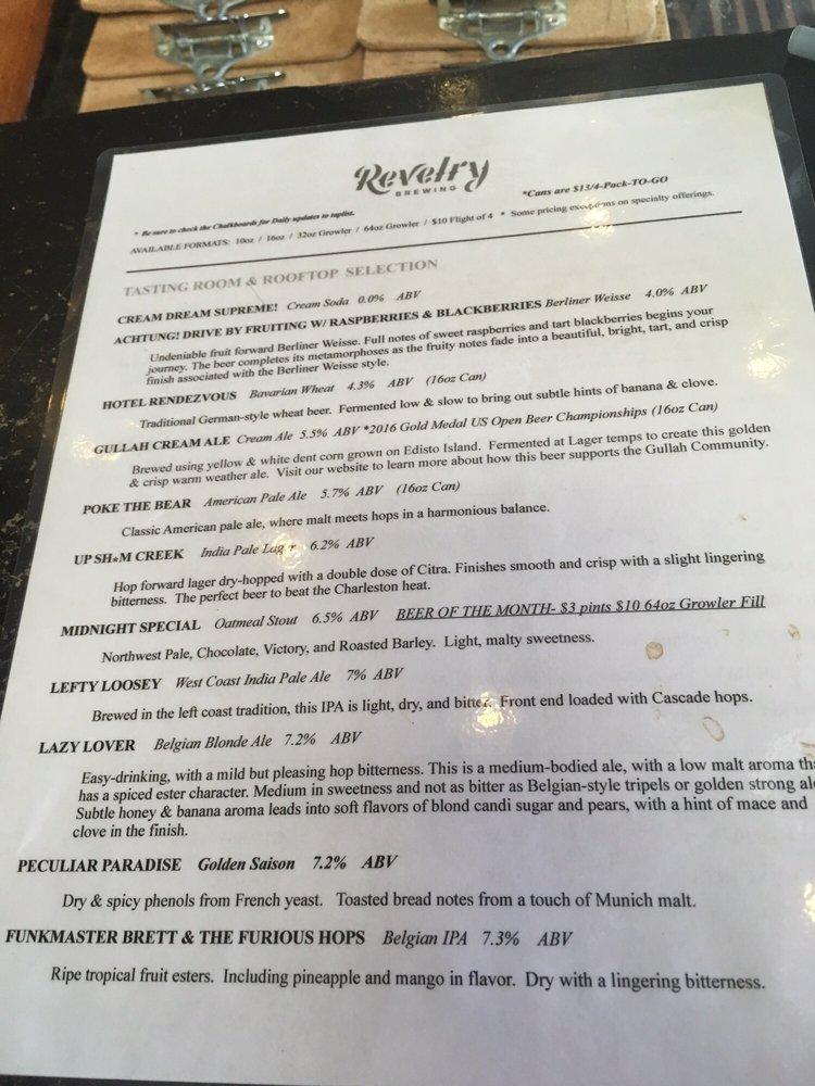 Menu at Revelry Brewing pub & bar, Charleston