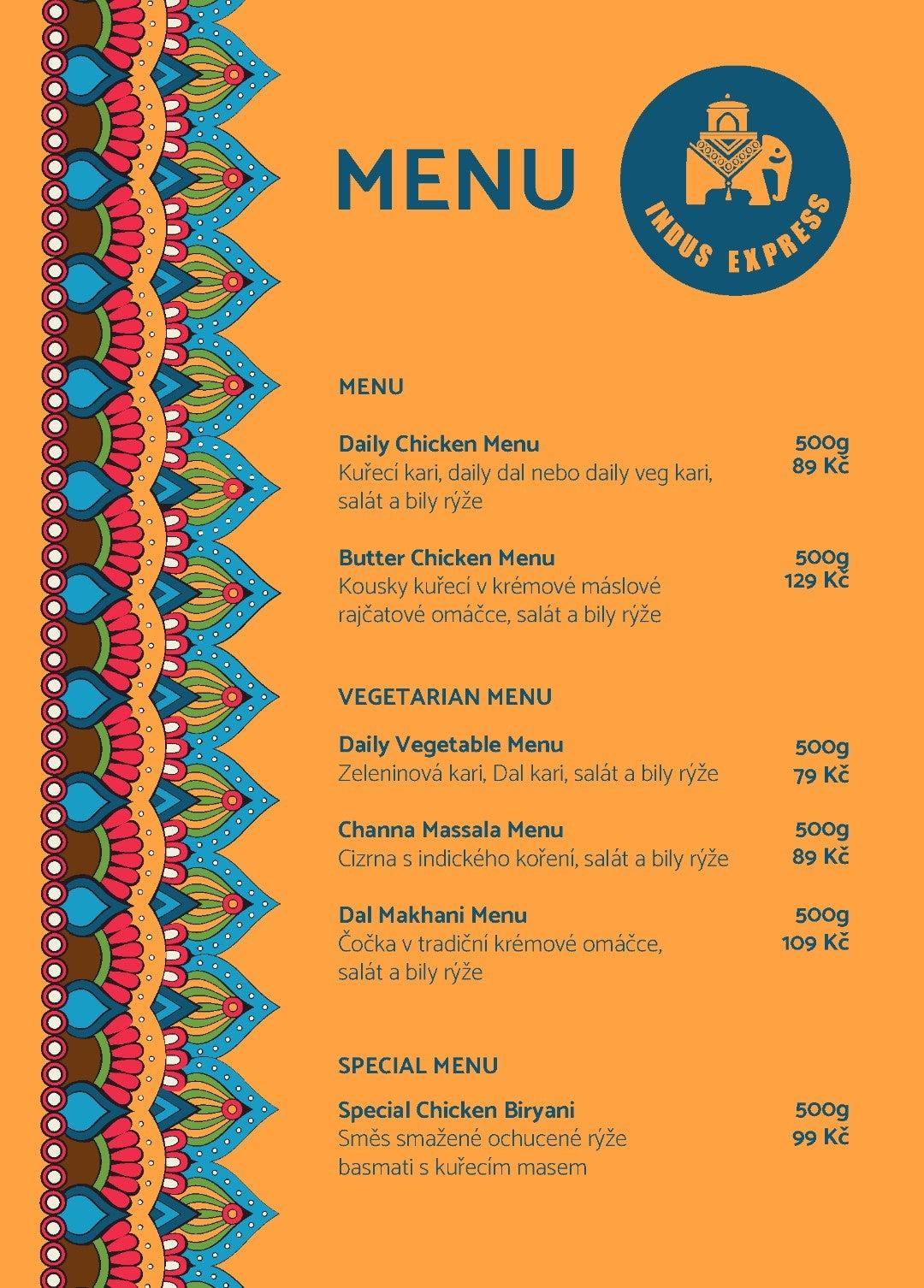 Menu at Indus Express - Indo-Pak Bistro & Mini-Market restaurant, Prague