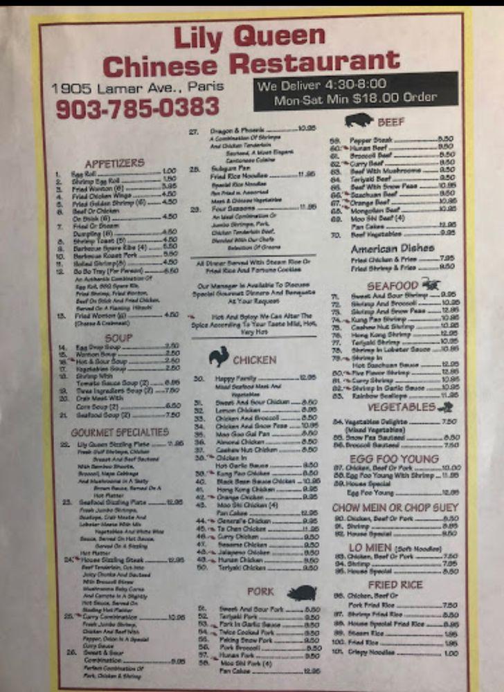 Menu at Lily Queen Chinese Restaurant, Paris