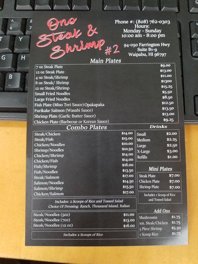 Menu at Ono Steak and Shrimp steakhouse, Waipahu