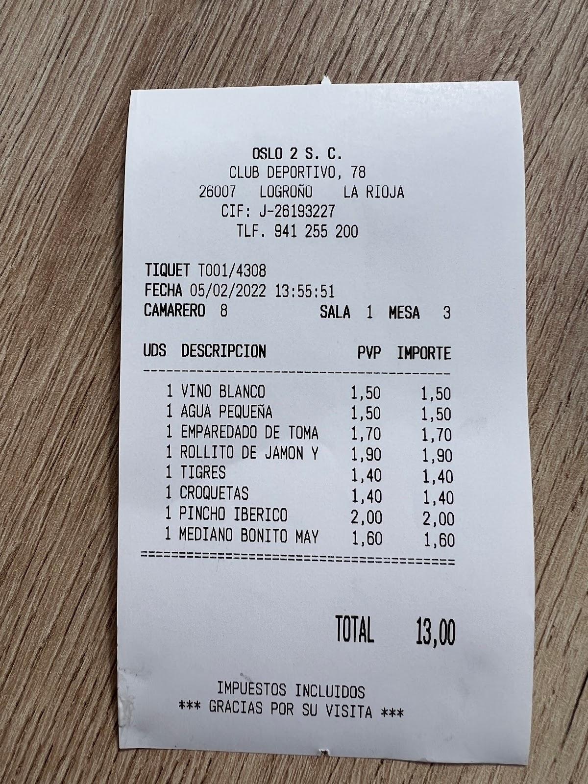 Carta de TAPAS OSLO CLUB DEPORTIVO, Logroño