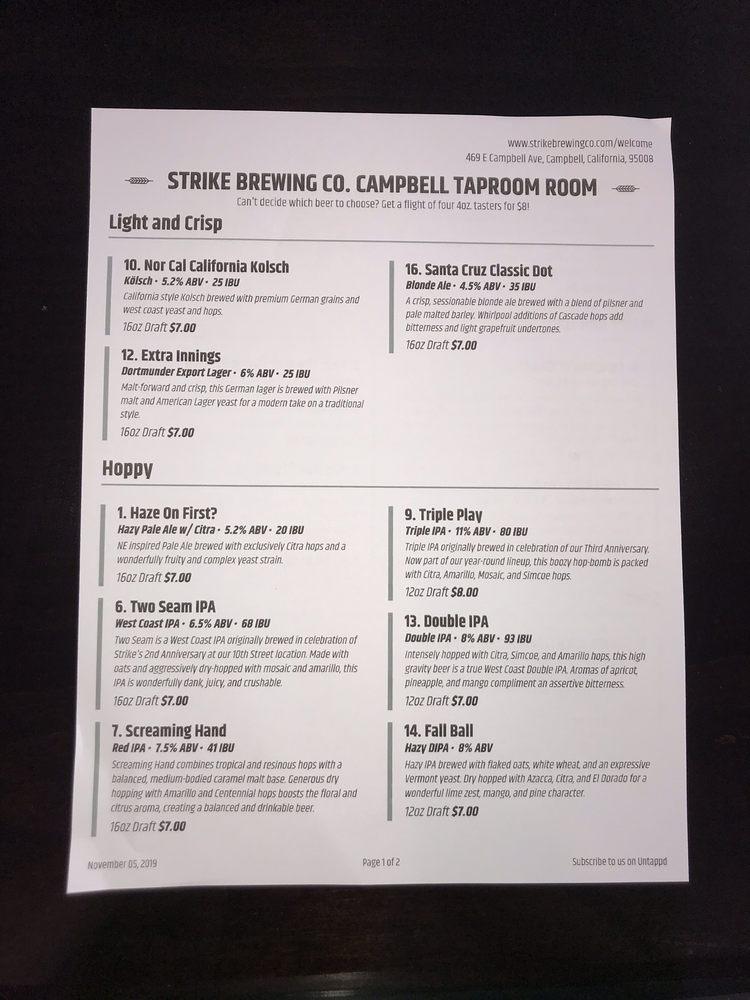 Menu at Strike Brewing Co. Campbell Taproom pub & bar, Campbell