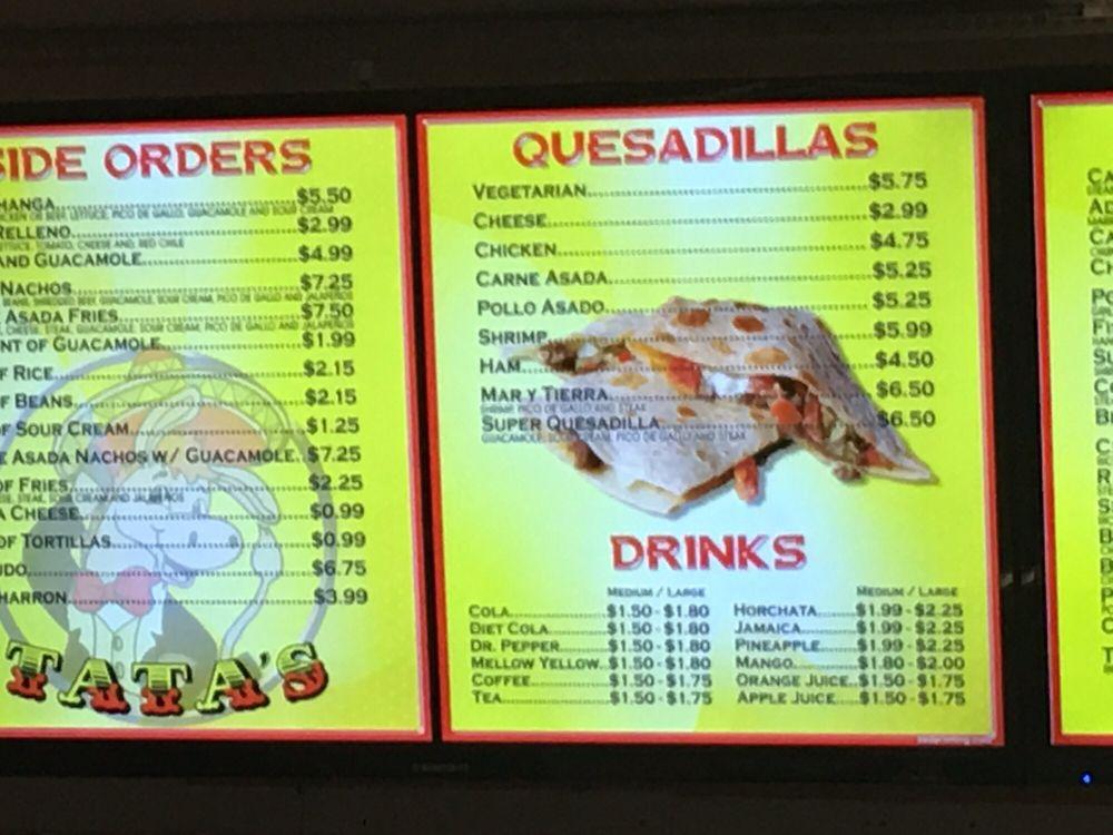 Menu at Tata's Burritos restaurant, Loveland