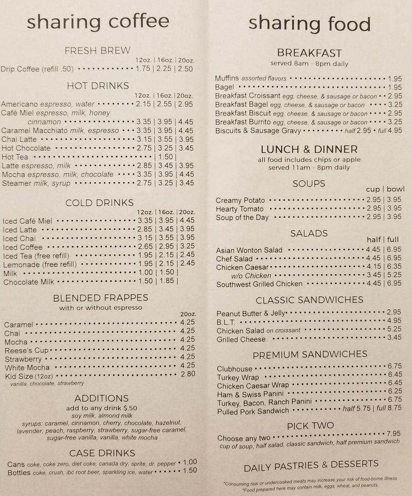 Menu at The Branch cafe, Fairmount