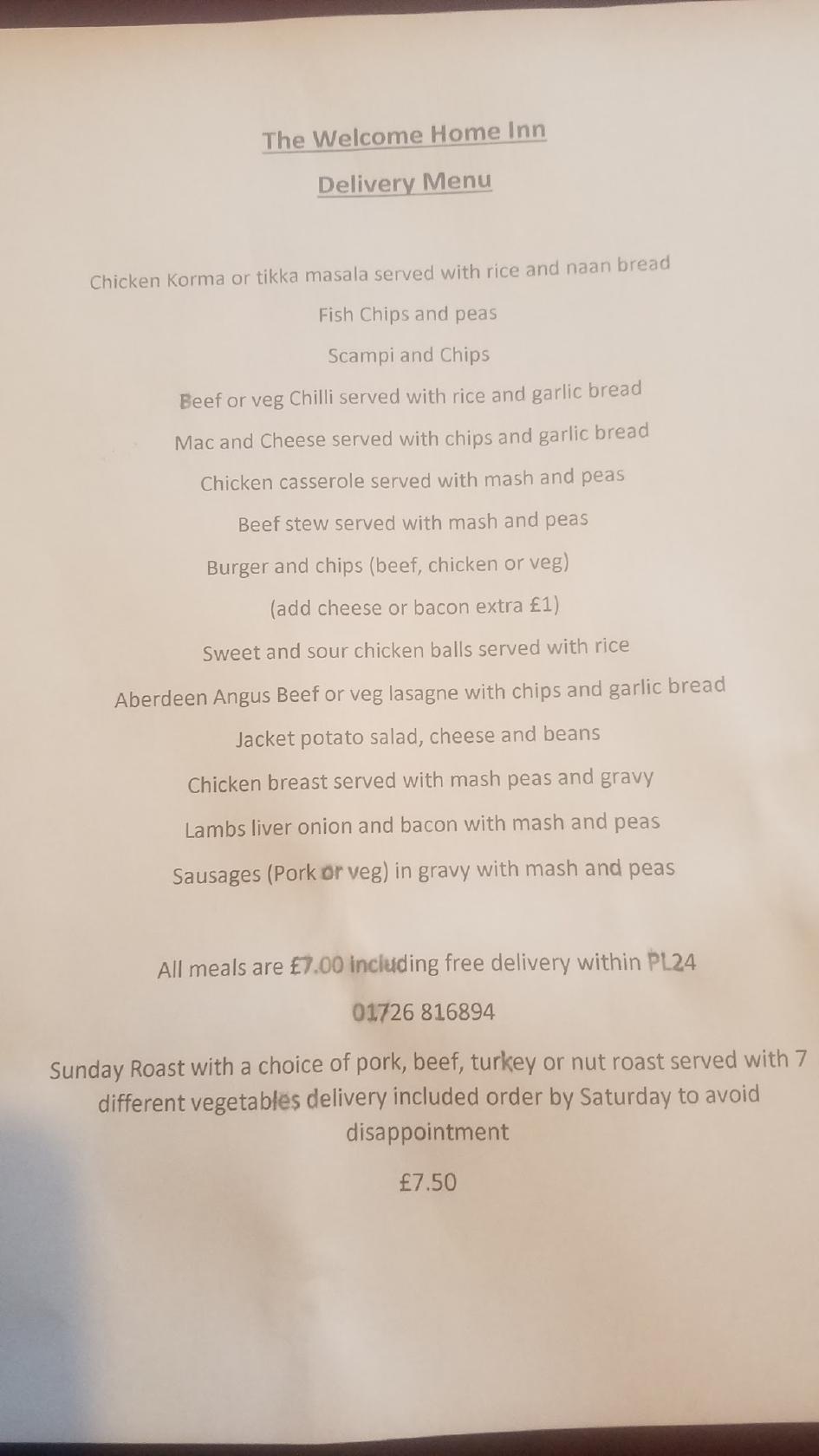 Menu at The Welcome Home Inn pub & bar, Par