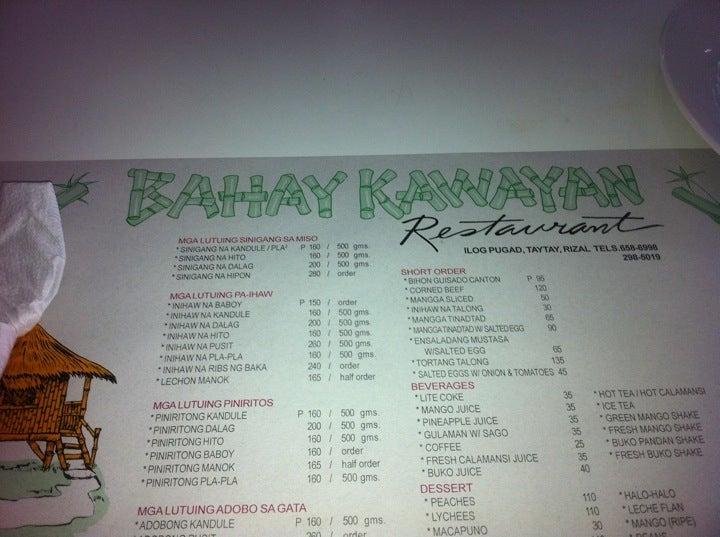 Menu at Bahay Kawayan Restaurant, Taytay, H43Q+CFV