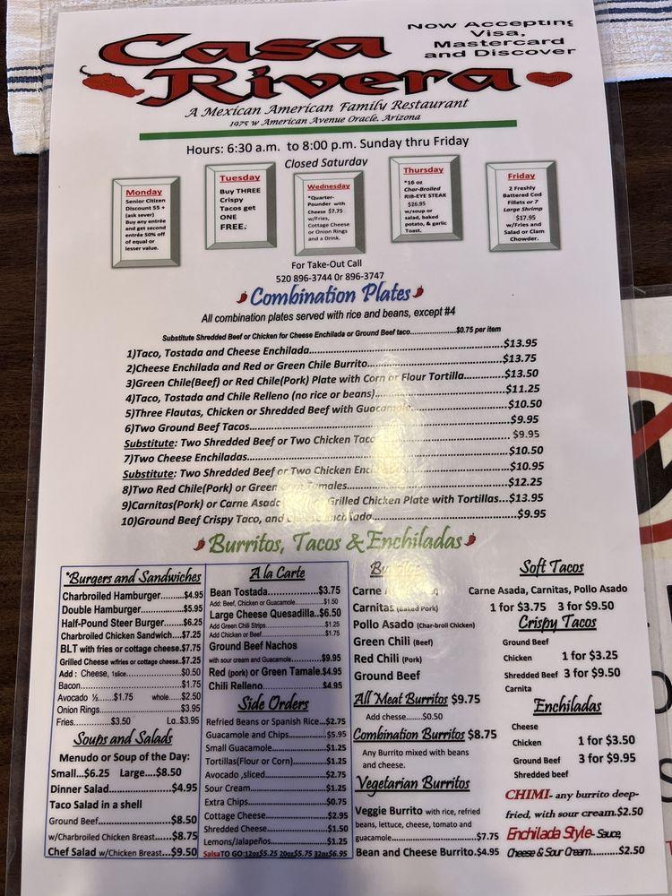 Menu at Casa Rivera's Taco Express restaurant, Oracle