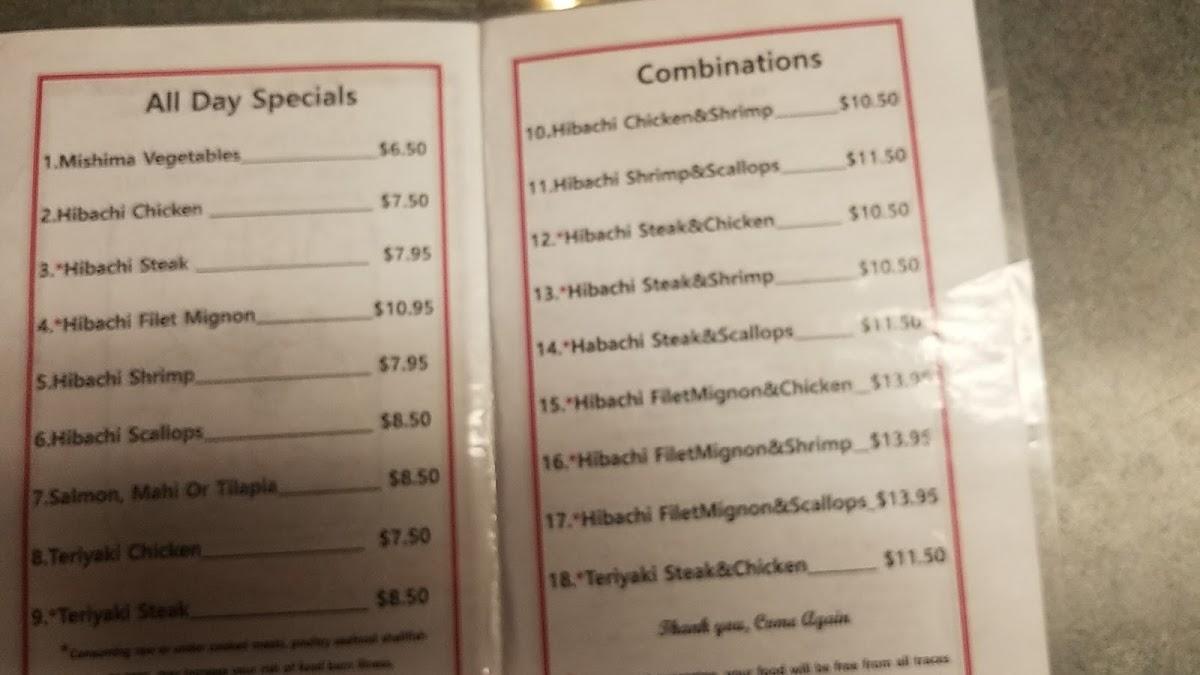 Menu at Mishima Express Japanese Cuisine restaurant, Anderson
