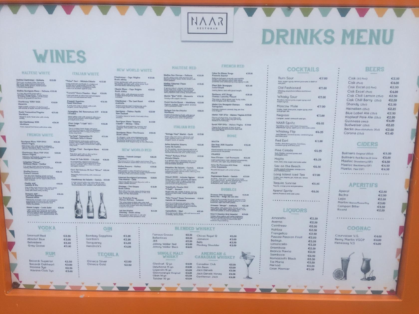 Menu at NAAR Restobar, Saint Julian's