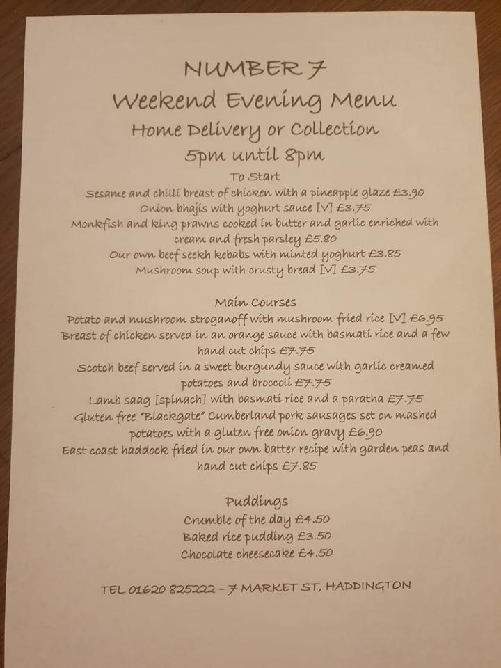 Menu at Number 7 restaurant, Haddington