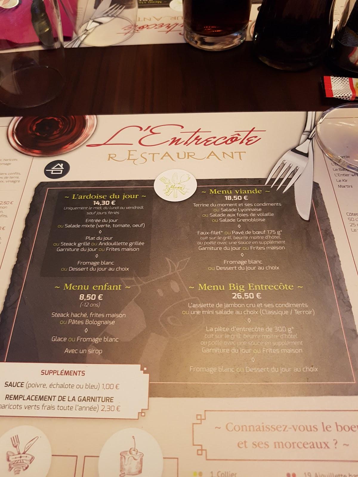Menu at Restaurant L'Entrecôte, Saint-Jean-de-Soudain, ZI de