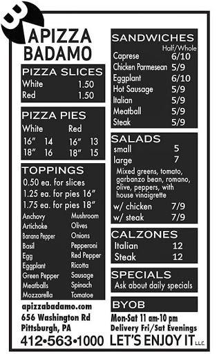 Menu at Badamo’s Pizza - Dormont pizzeria, Mount Lebanon