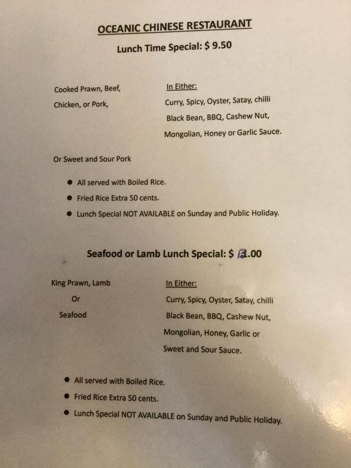 Menu at Oceanic restaurant, Salamander Bay