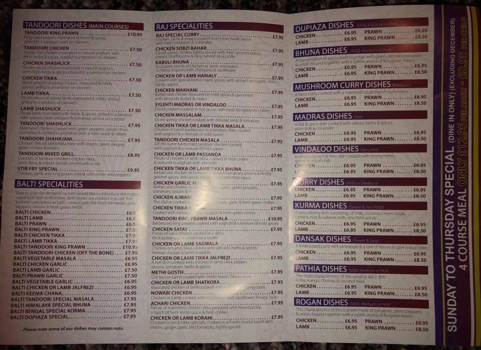 Menu at Raj Balti fast food, Flint