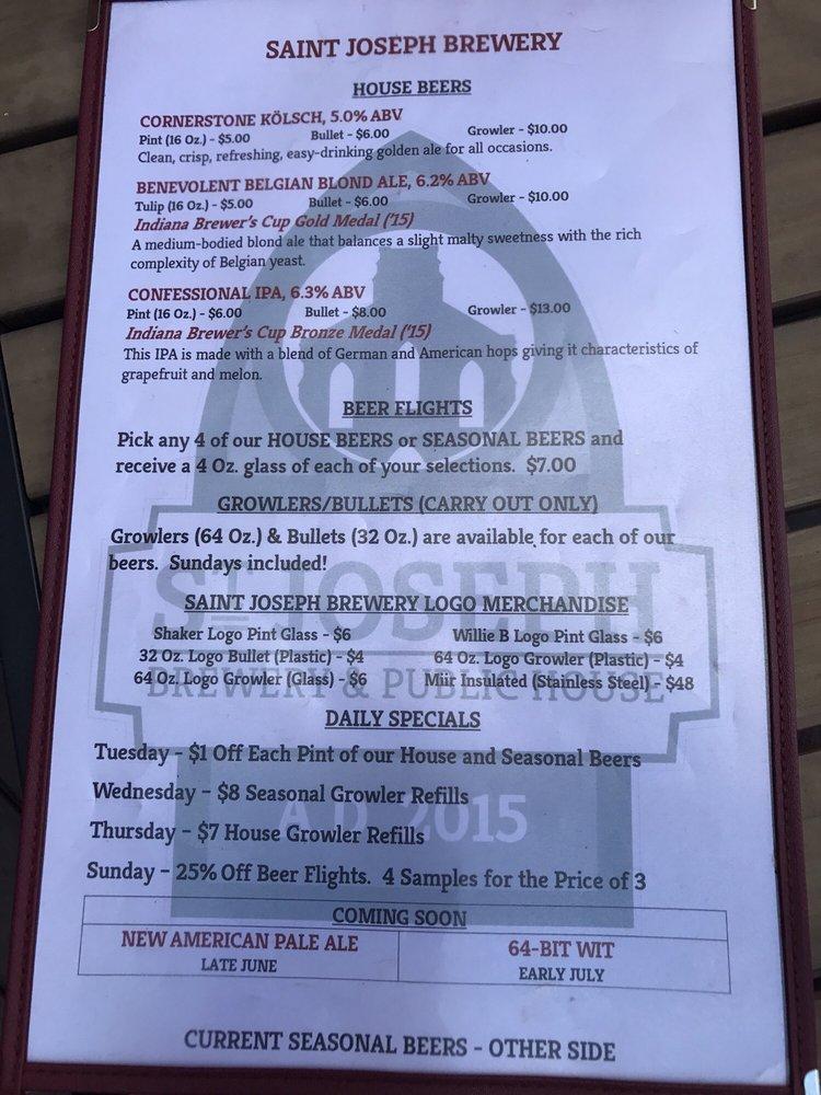 Menu at St. Joseph Brewery pub & bar, Indianapolis